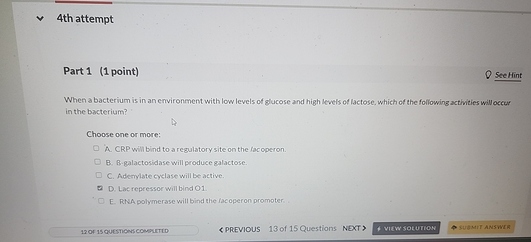 Solved 4th attemptPart 1 (1 ﻿point)See HintWhen a bacterium | Chegg.com
