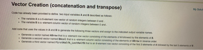 Solved Vector Creation (concatenation and transpose) My | Chegg.com