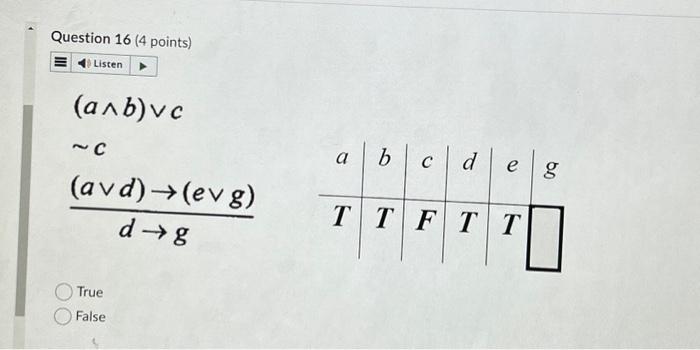 Solved Question 16 (4 points) Listen (a^b) v c ~C (avd) → | Chegg.com