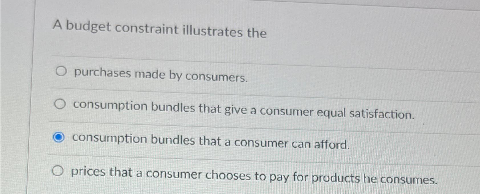 Solved A budget constraint illustrates thepurchases made by | Chegg.com