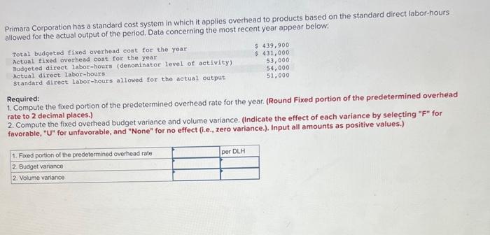 Solved Primara Corporation has a standard cost system in | Chegg.com