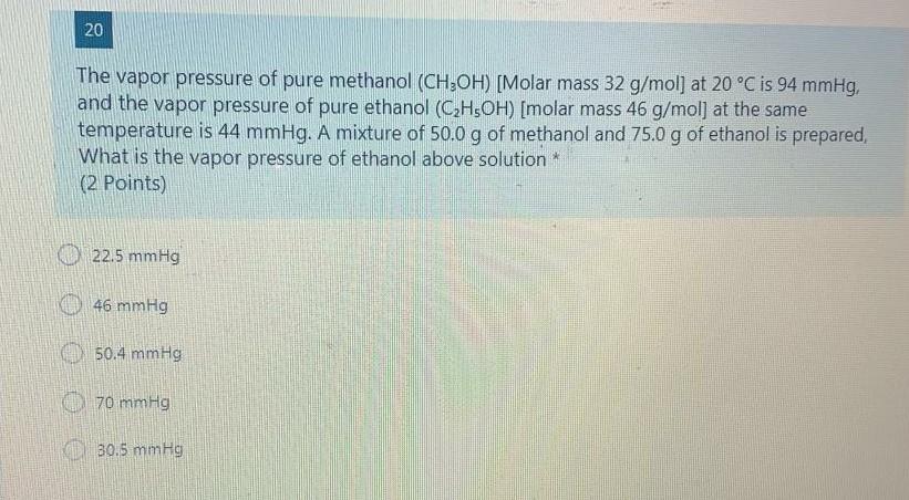 Solved 20 The vapor pressure of pure methanol (CH3OH) [Molar | Chegg.com