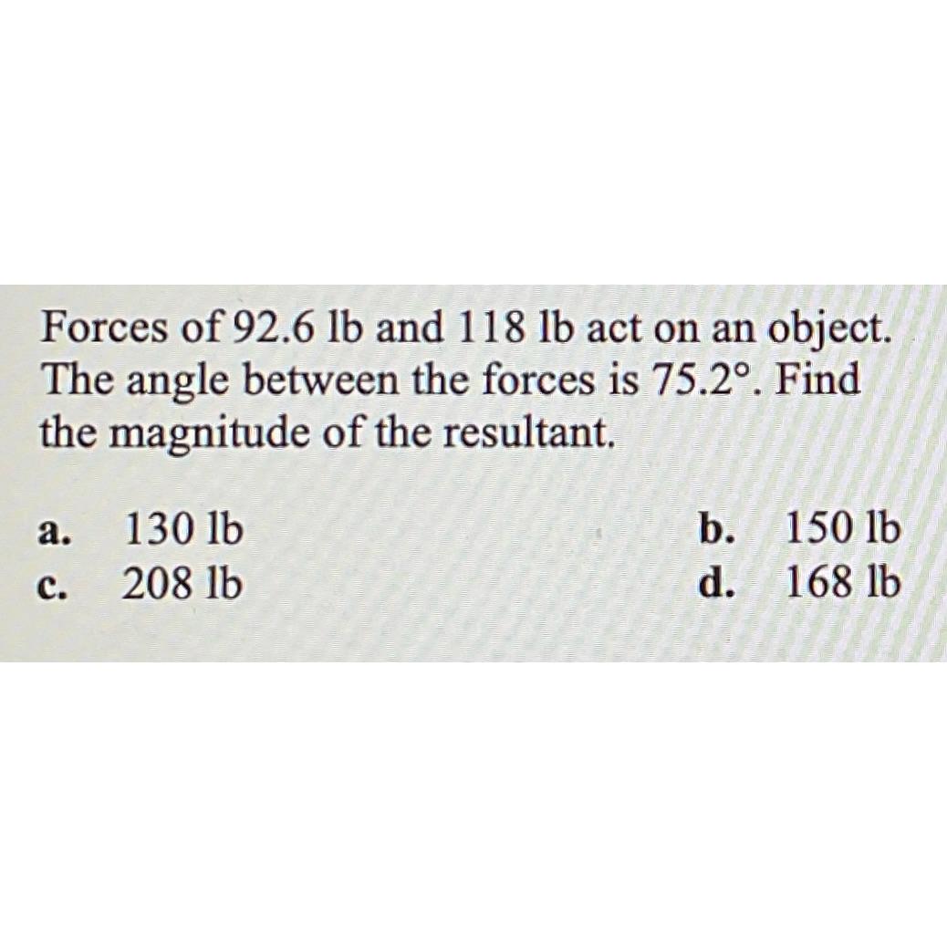 Solved Forces of 92.6 ﻿lb and 118 ﻿lb act on an object. the | Chegg.com