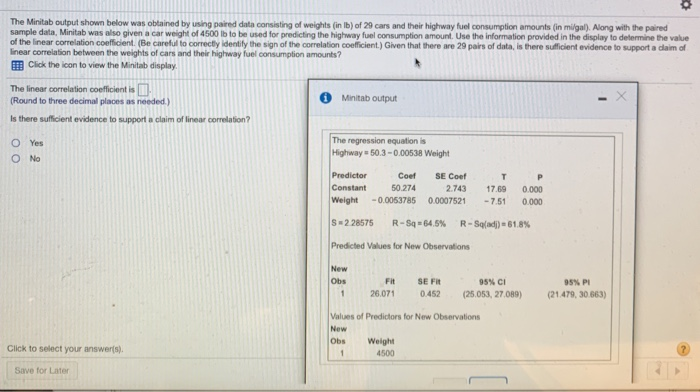 Solved The Minitab output shown below was obtained by using | Chegg.com
