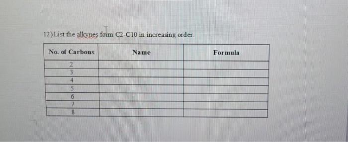 Solved 12) List the alkynes form C2−C10 in increasing | Chegg.com