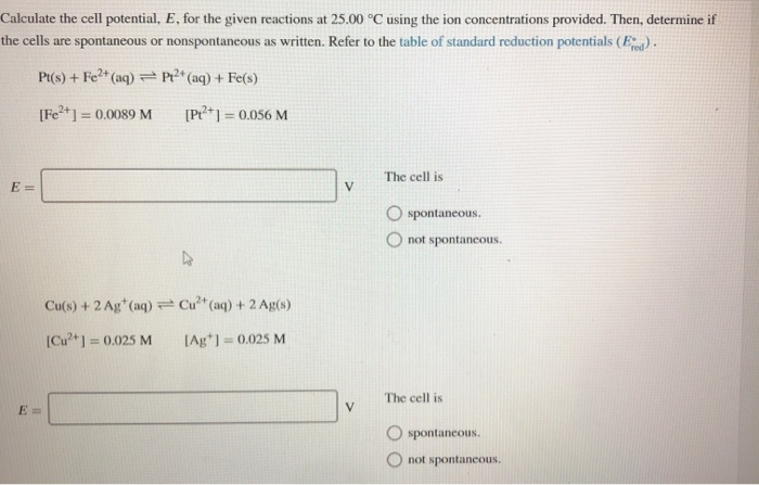 Solved Calculate The Cell Potential E For The Given