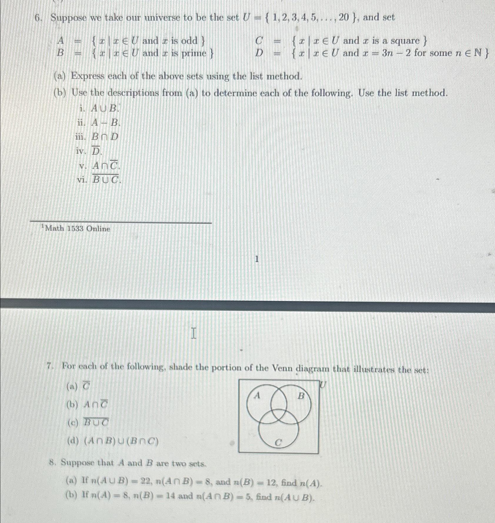 Solved Suppose we take our universe to be the set | Chegg.com