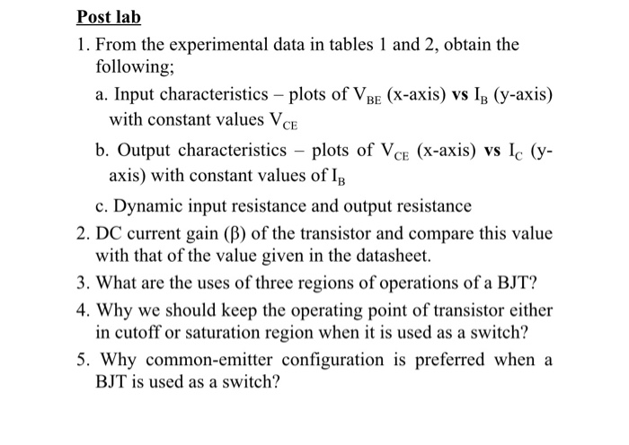 Solved Post lab 1. From the experimental data in tables 1 | Chegg.com