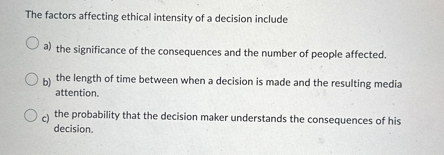Solved The factors affecting ethical intensity of a decision | Chegg.com
