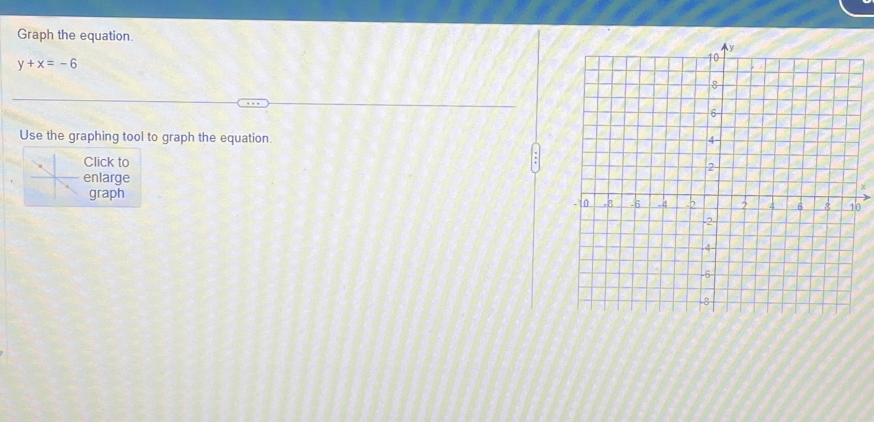 Solved Graph the equation.y+x=-6Graph the equation.y+x=-6Use | Chegg.com
