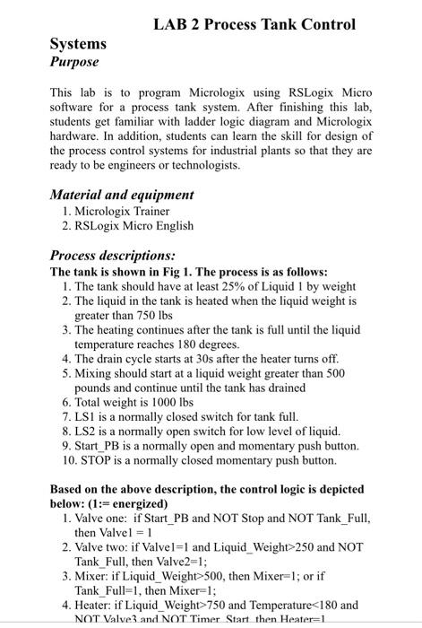 LAB 2 Process Tank Control Systems Purpose This lab | Chegg.com