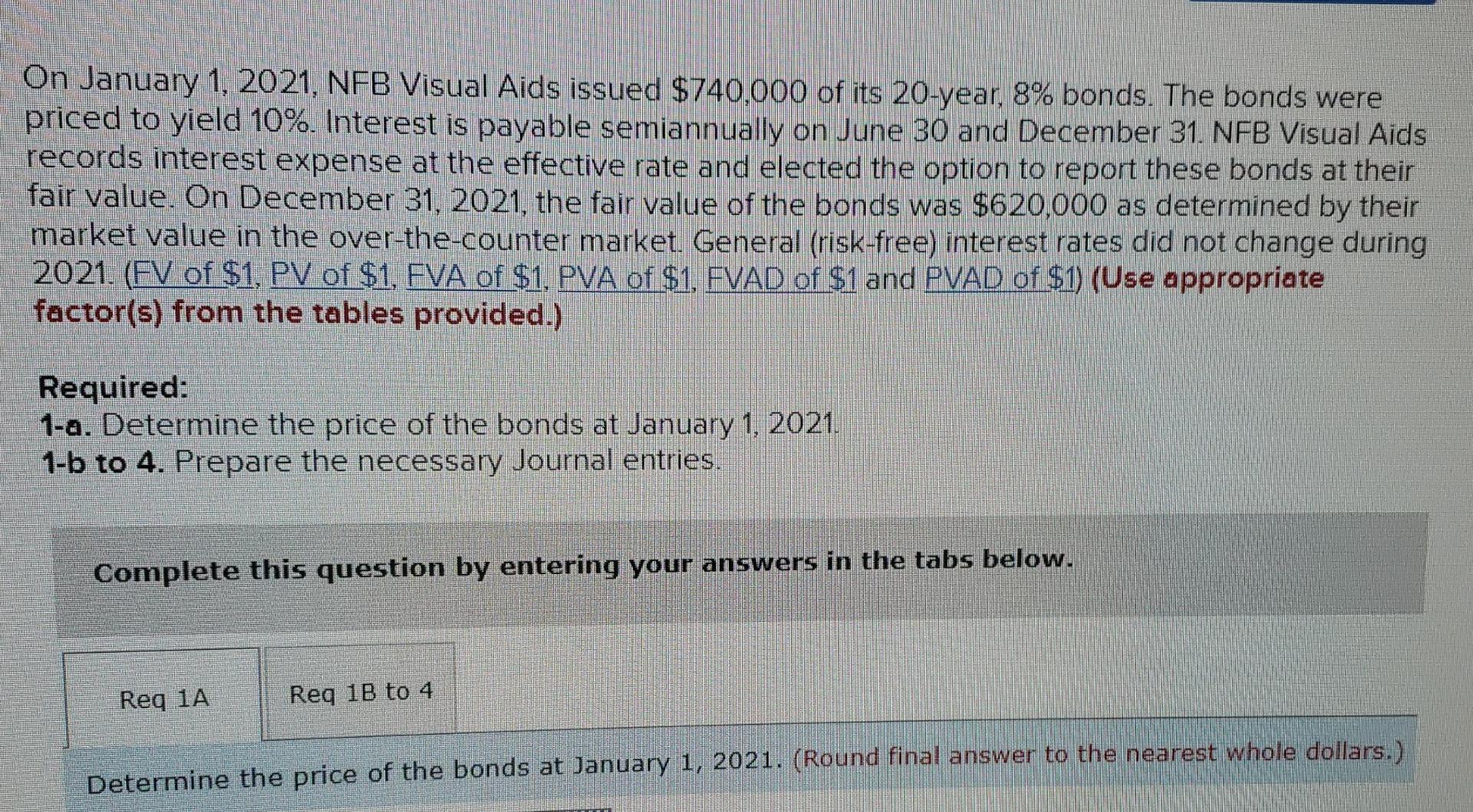 Solved On January 1, 2021, NFB Visual Aids issued $740,000 | Chegg.com