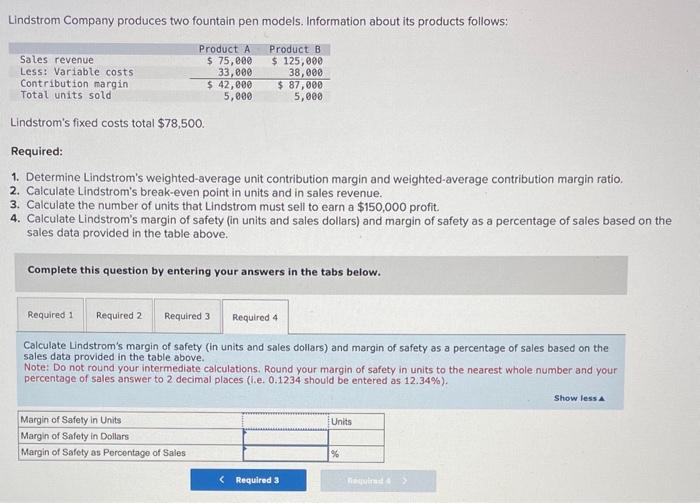 Solved Lindstrom Company produces two fountain pen models. | Chegg.com