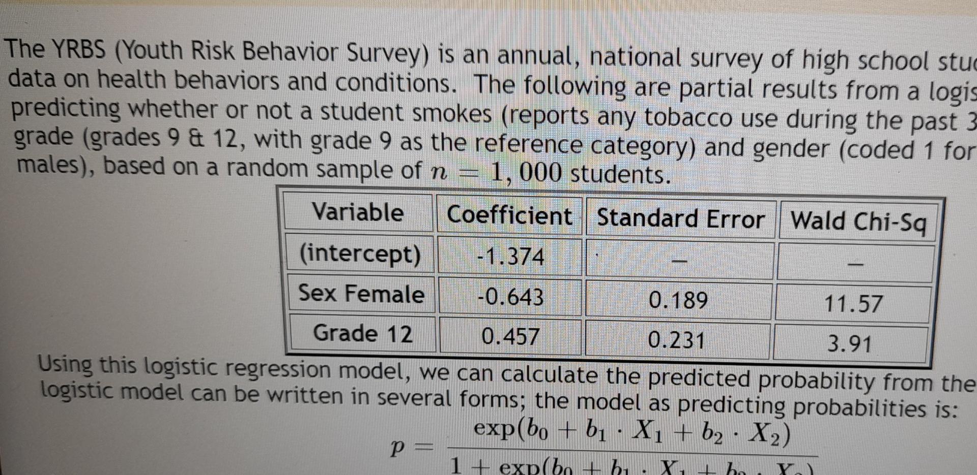 Solved The YRBS (Youth Risk Behavior Survey) is an annual, | Chegg.com
