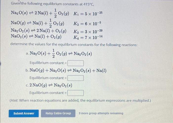 Solved Given the following equilibrium constants at 415°C, | Chegg.com