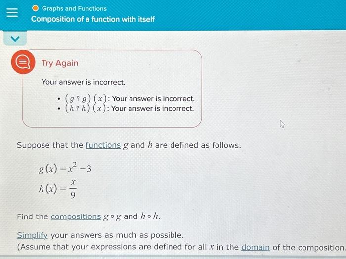 Solved Try Again Your answer is incorrect. - (gig)(x) : Your | Chegg.com