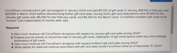 Solved CircuitTown commenced a gift card program in January | Chegg.com