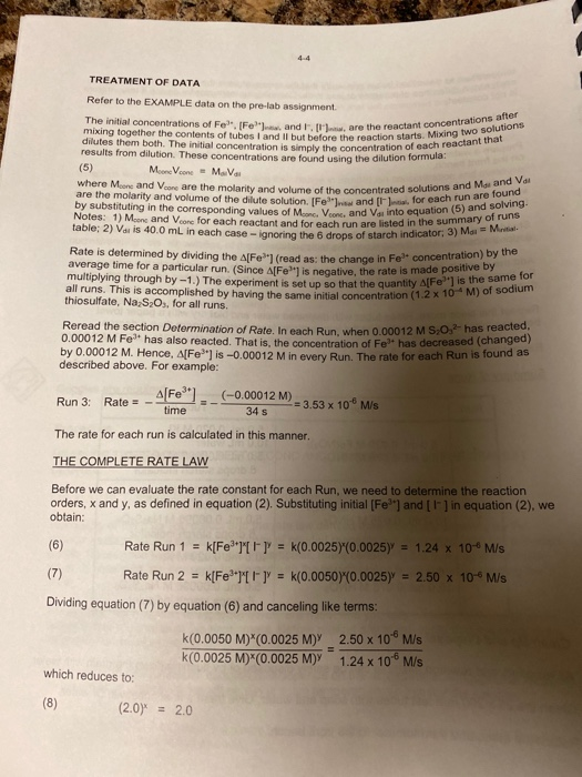 4 CHEMICAL KINETICS Pre-Lab Assignment NAME 1415 | Chegg.com