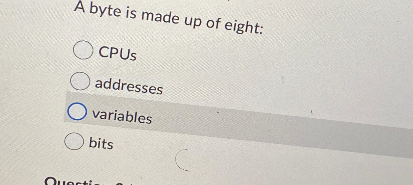 Solved A byte is made up of eight:CPUsaddressesvariablesbits | Chegg.com