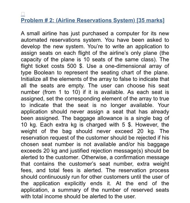 Solved 2. Problem \# 2: (Airline Reservations System) 2.1 | Chegg.com