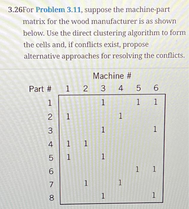 Solved 3.26For Problem 3.11, suppose the machine-part matrix | Chegg.com