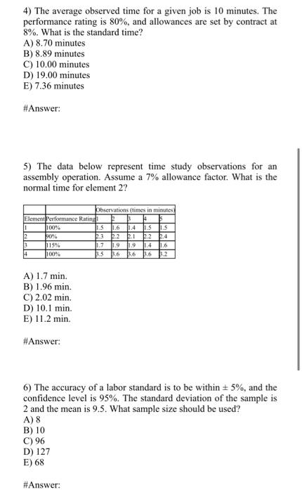 Solved 4) The average observed time for a given job is 10 | Chegg.com