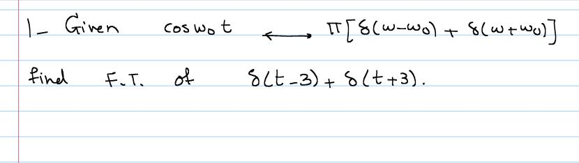 Solved Given cosw0t leftarrow \i[delta(w - w0) + delta(w + | Chegg.com