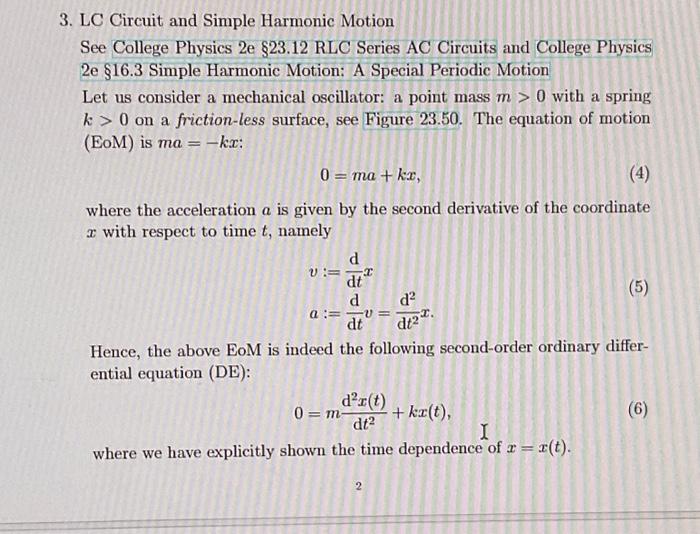 Solved LC Circuit and Simple Harmonic Motion See College | Chegg.com