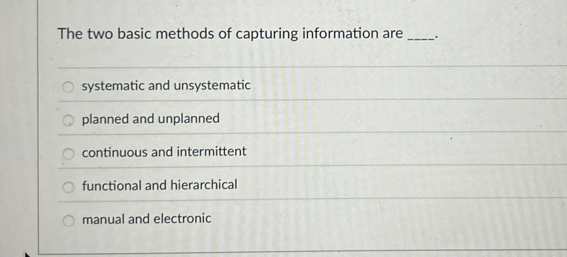 Solved The two basic methods of capturing information are | Chegg.com