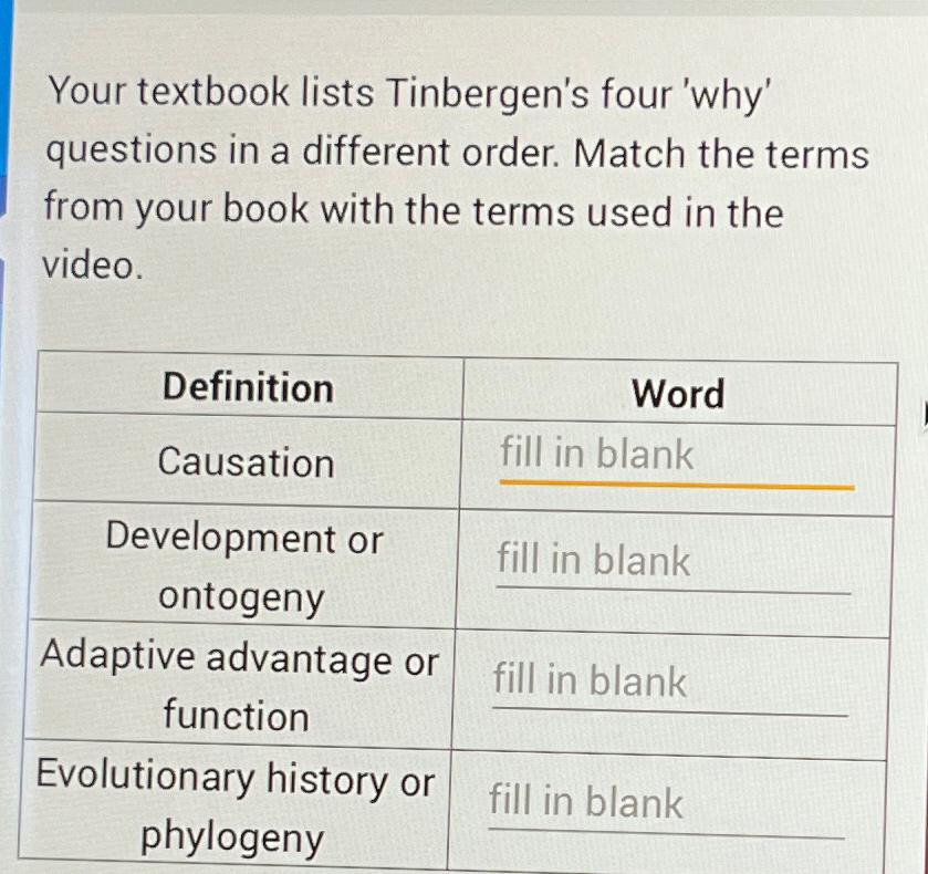 Solved Your textbook lists Tinbergen's four 'why' questions | Chegg.com