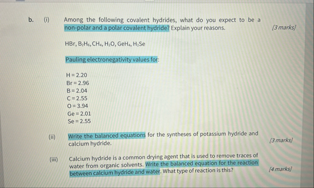 Solved b. (i) ﻿Among the following covalent hydrides, what | Chegg.com