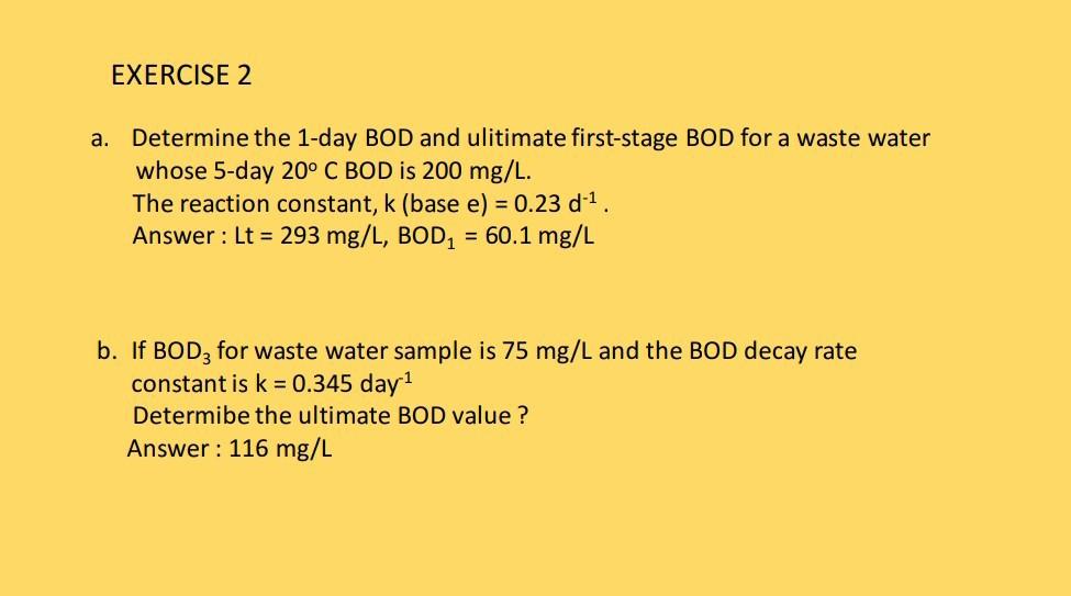 Solved EXERCISE 2 a. Determine the 1-day BOD and ulitimate | Chegg.com