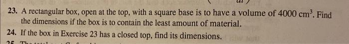 Solved 23. A rectangular box, open at the top, with a square | Chegg.com
