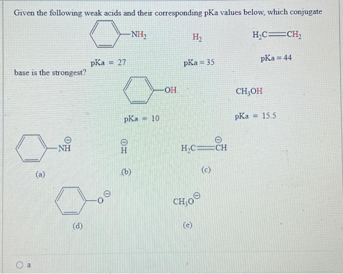 Solved Given the following weak acids and their | Chegg.com