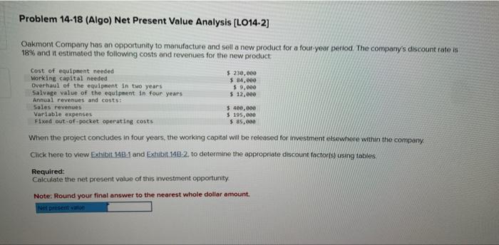 Solved Problem 14-18 (Algo) Net Present Value Analysis | Chegg.com