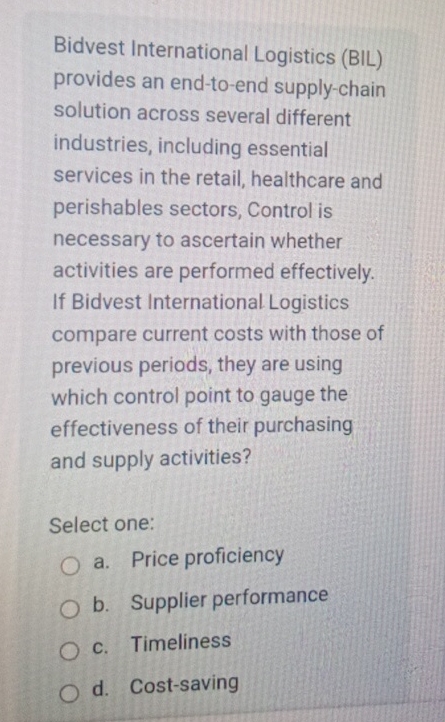 Solved Bidvest International Logistics (BIL) ﻿provides an | Chegg.com