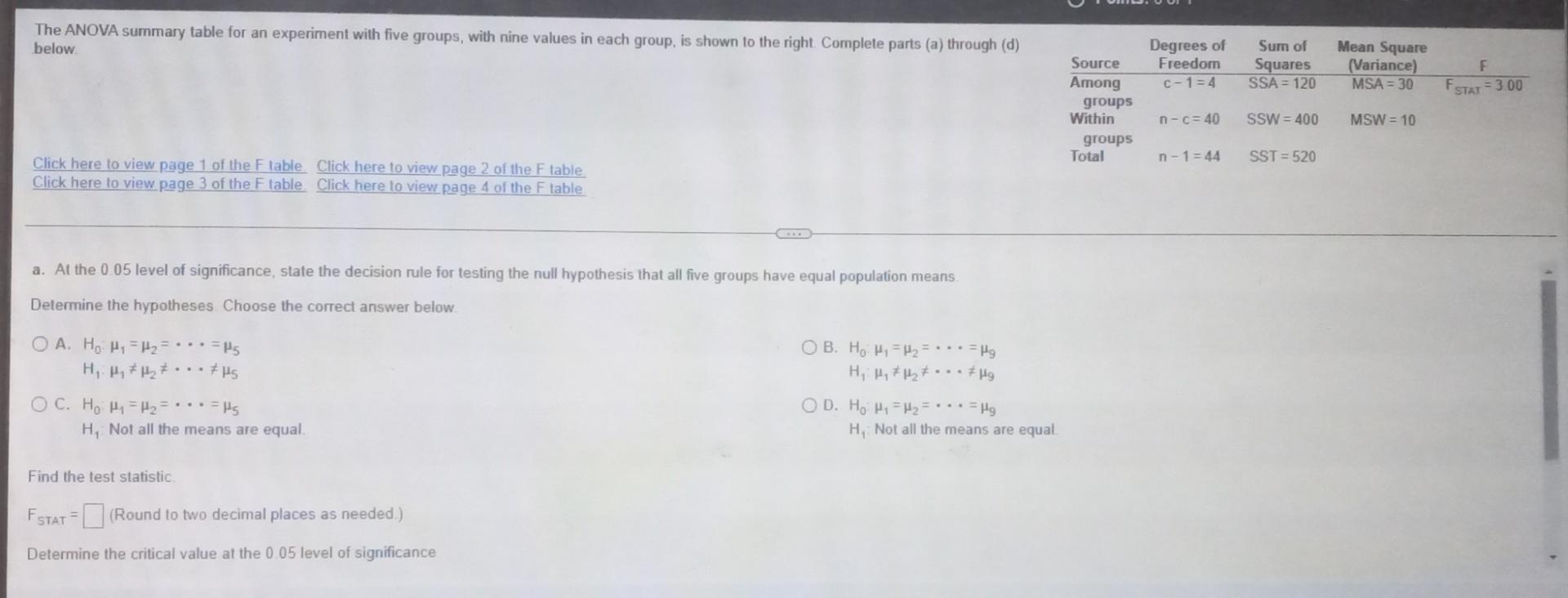 Solved The ANOVA summary table for an experiment with five | Chegg.com