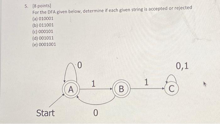 5. [8 points] For the DFA given below, determine if | Chegg.com