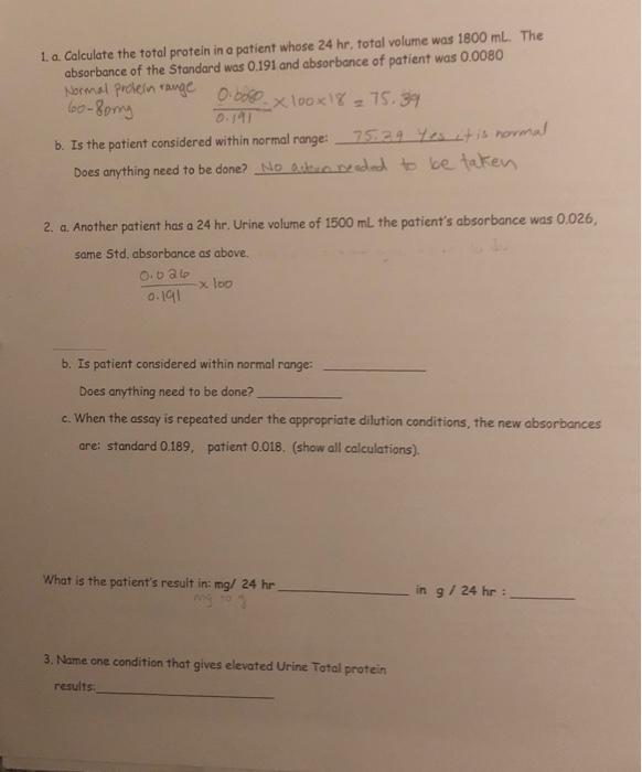 1. a. Calculate the total protein in a patient whose | Chegg.com