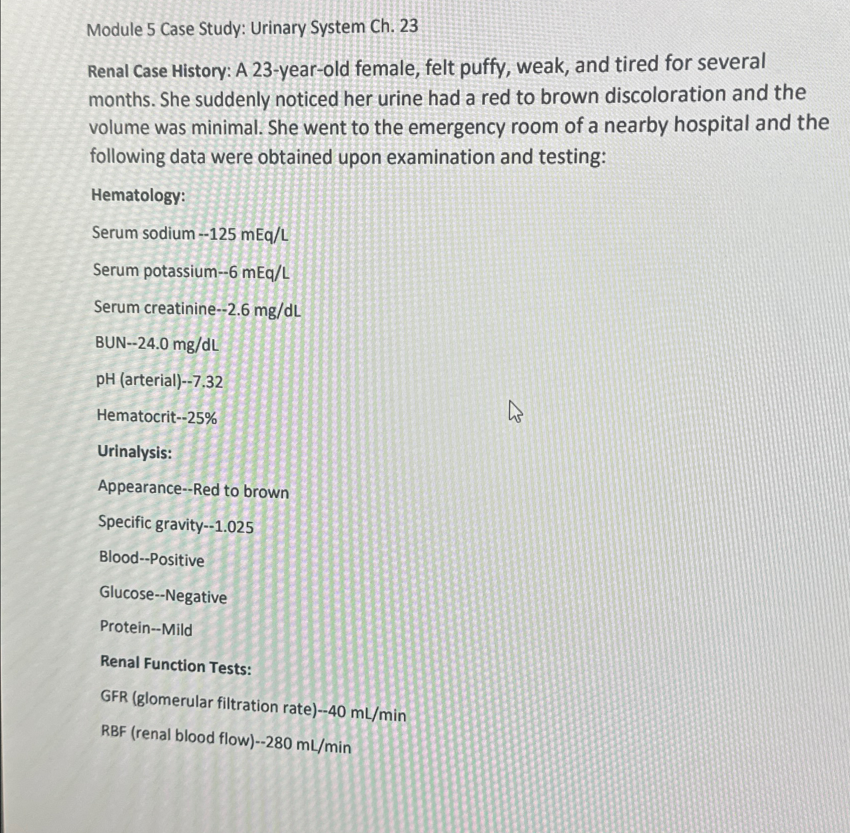 Solved Module 5 ﻿Case Study: Urinary System Ch. 23Renal Case | Chegg.com