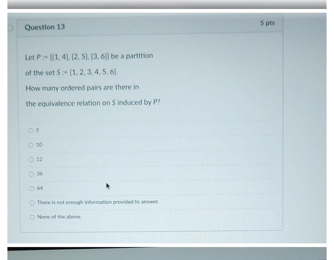 Solved Let P:={{1,4},{2,5},{3,6}} be a partition of the set | Chegg.com