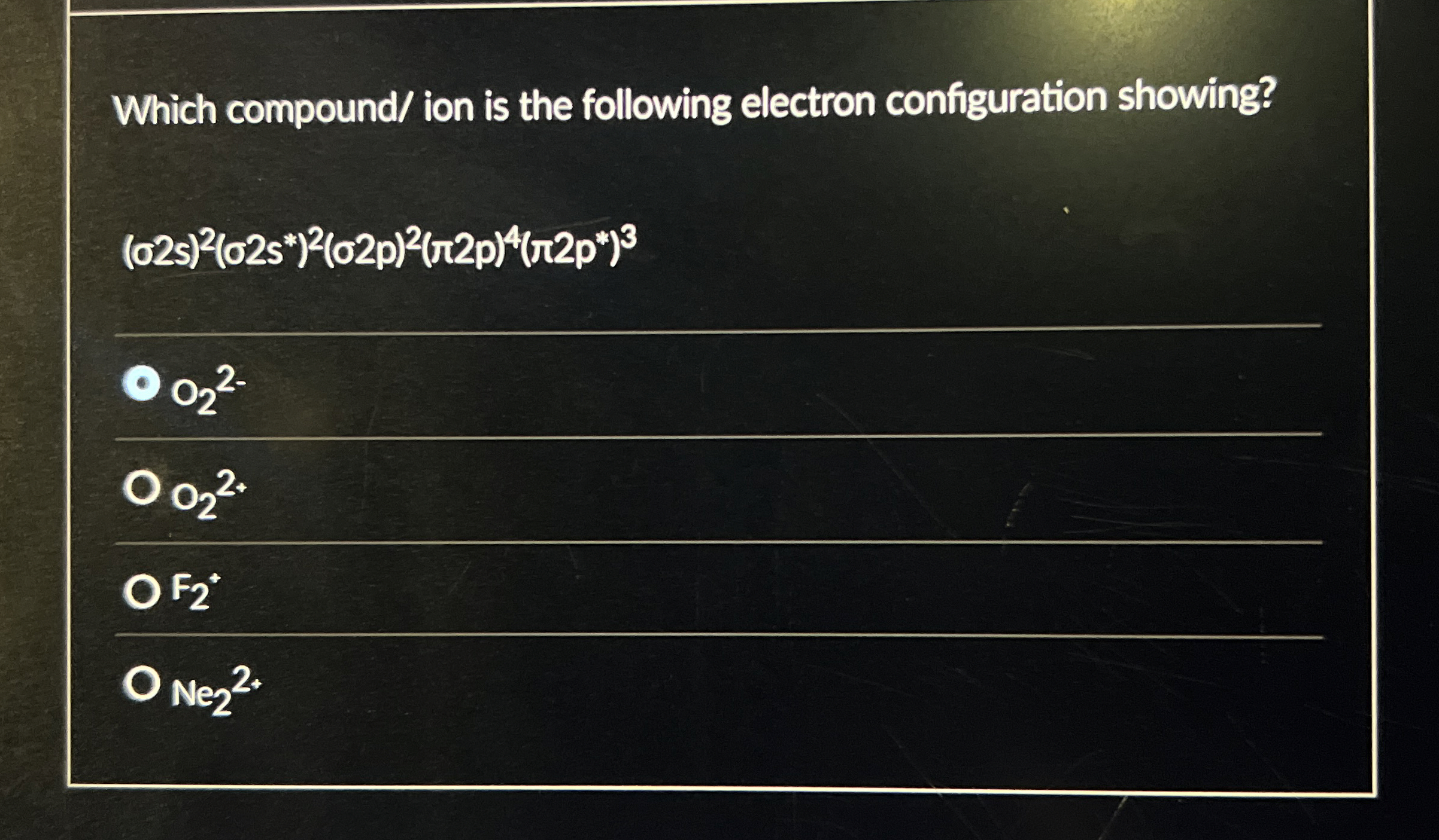 Solved Which compound/ ﻿ion is the following electron | Chegg.com