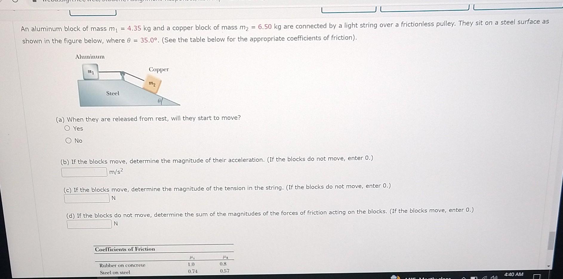 Solved hinum block of mass m1=4.35 kg and a copper block of | Chegg.com
