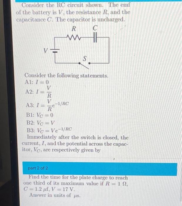 Solved Consider the RC circuit shown. The emf of the battery | Chegg.com