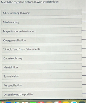 Solved Match the cognitive distortion with the | Chegg.com