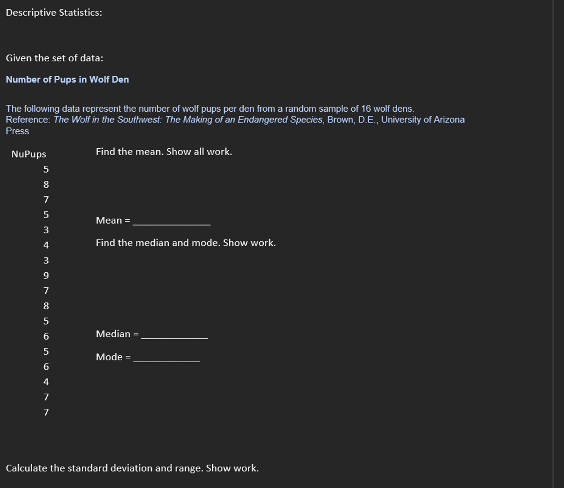 Solved Descriptive Statistics:Given the set of data:Number | Chegg.com