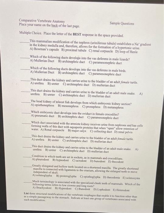 Solved Comparative Vertebrate Anatomy Place your name on the | Chegg.com