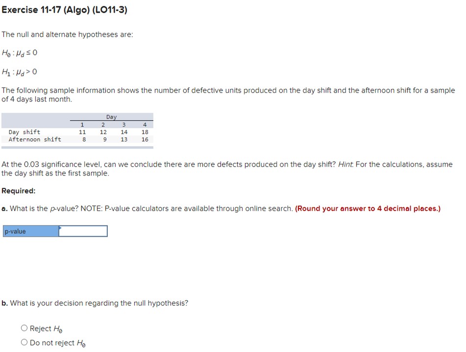 Solved Exercise 11-17 (Algo) (LO11-3)The null and alternate | Chegg.com