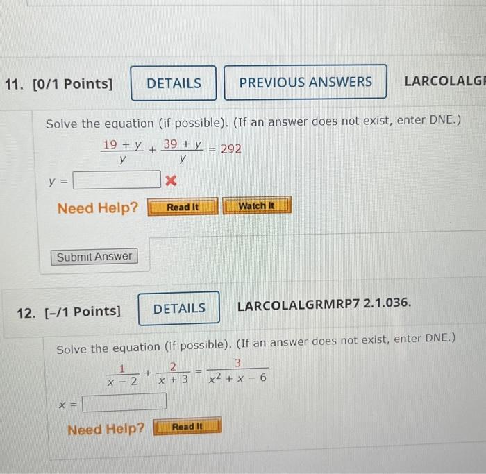 Solved Solve the equation (if possible). (If an answer does | Chegg.com