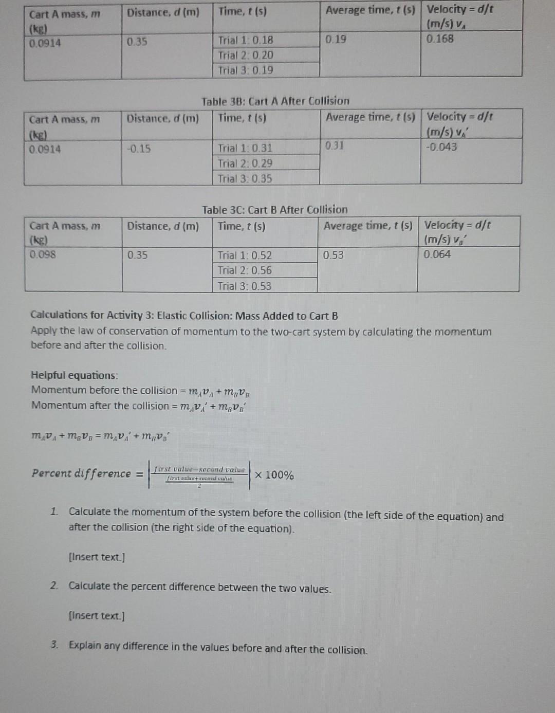 Solved Table 38 Cart A After Collision Table 3c Cart B